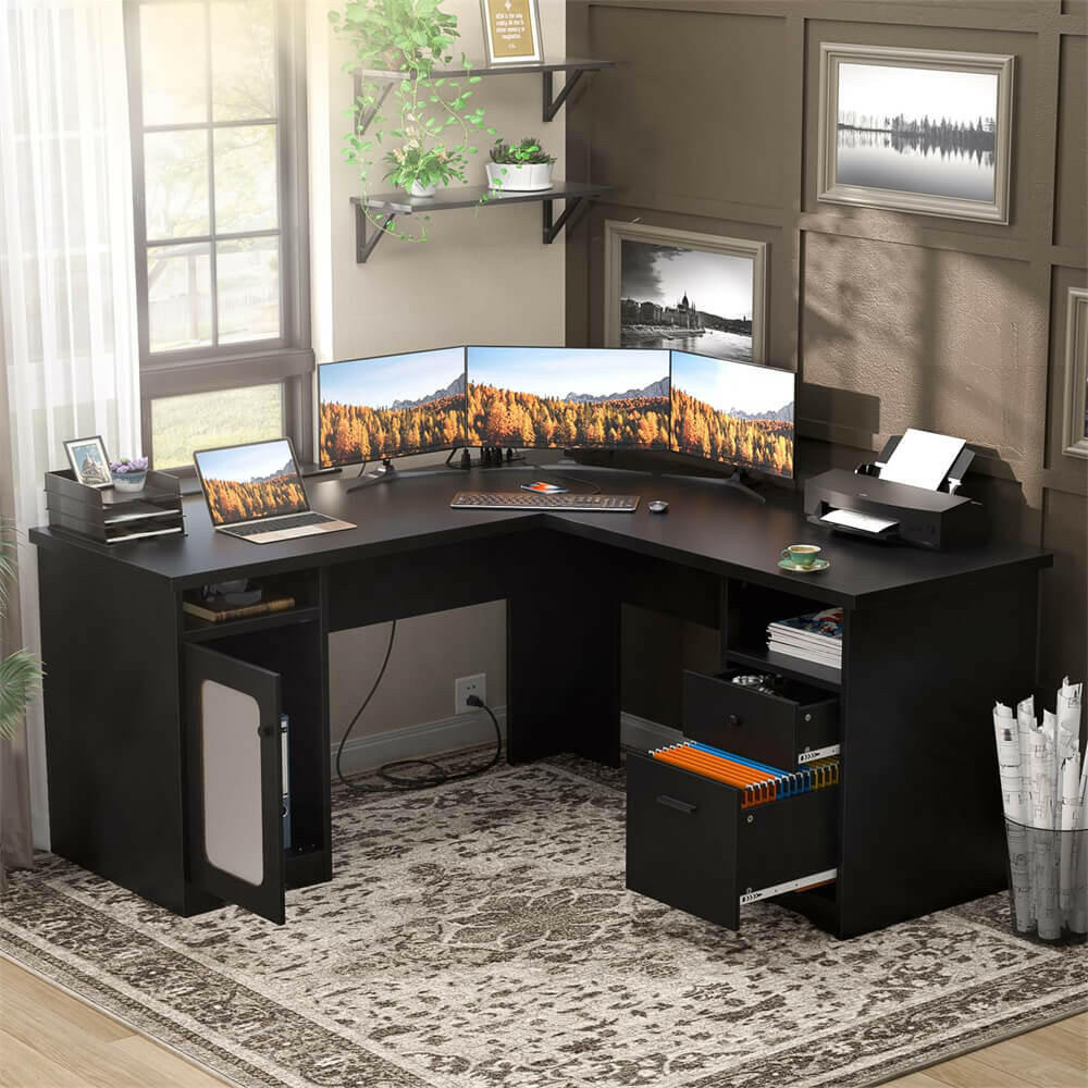 Unikito L Shaped Office Desk with Drawers, 60 By 60 L Shaped Desk with Power Outlets