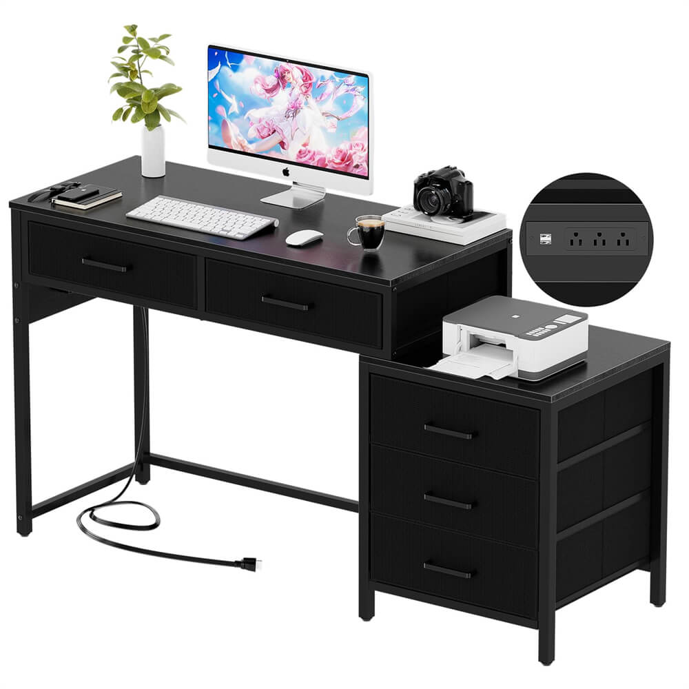 Unikito Reversible Computer Desk with 5 Drawers Narrow Desk Comes with Power Outlets USB Ports Black