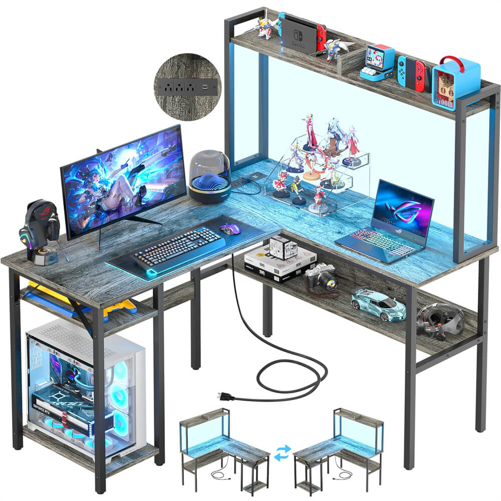 Unikito L Shaped Gaming Desk with RGB LED Strip and Power Outlets ...