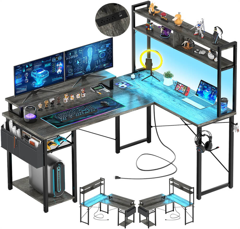 Unikito Small L Shaped Computer Desk with LED Lights & Power Outlets ...