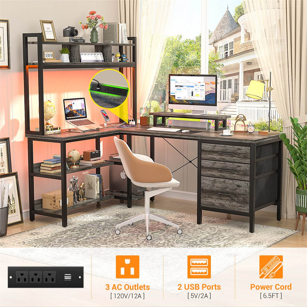 L Shaped Computer Desk with Storage File Drawer Black Oak