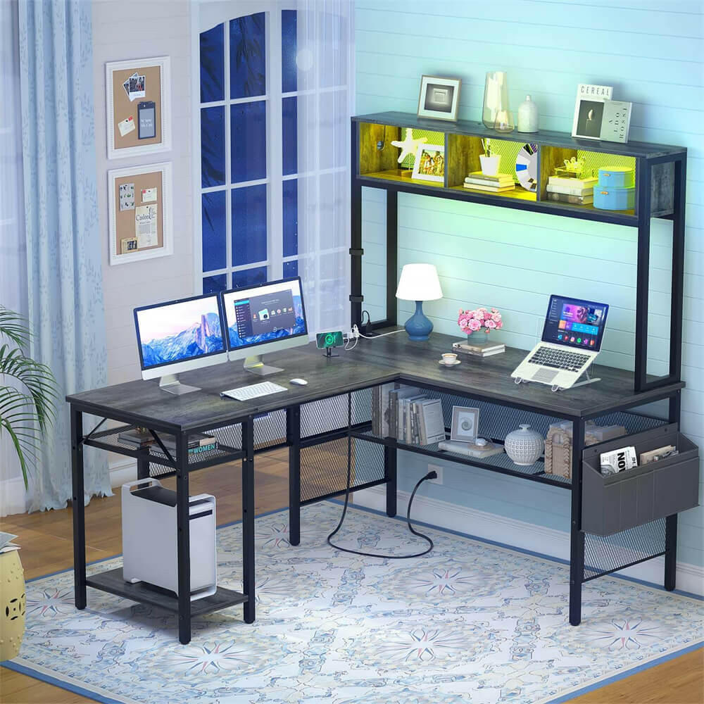 Unikito L Shaped Computer Desk with LED Strip and Power Outlets, Rever