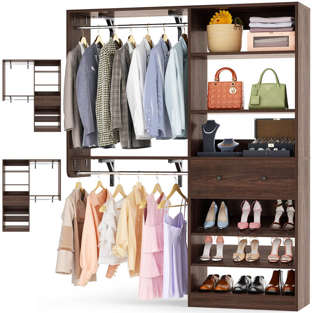 Unikito 5FT Closet System with Drawer, Wood Closet Organizer with 2 ...