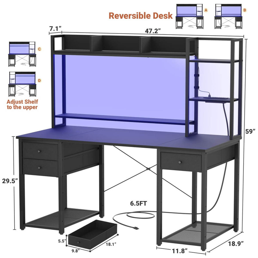 Unikito 47 Inch Computer Desk with Hutch, Gaming Desk with Drawers ...