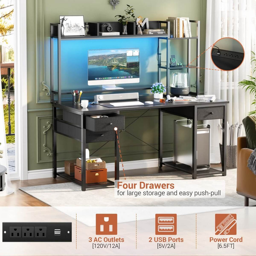 Unikito 47 Inch Computer Desk with Hutch, Gaming Desk with Drawers ...