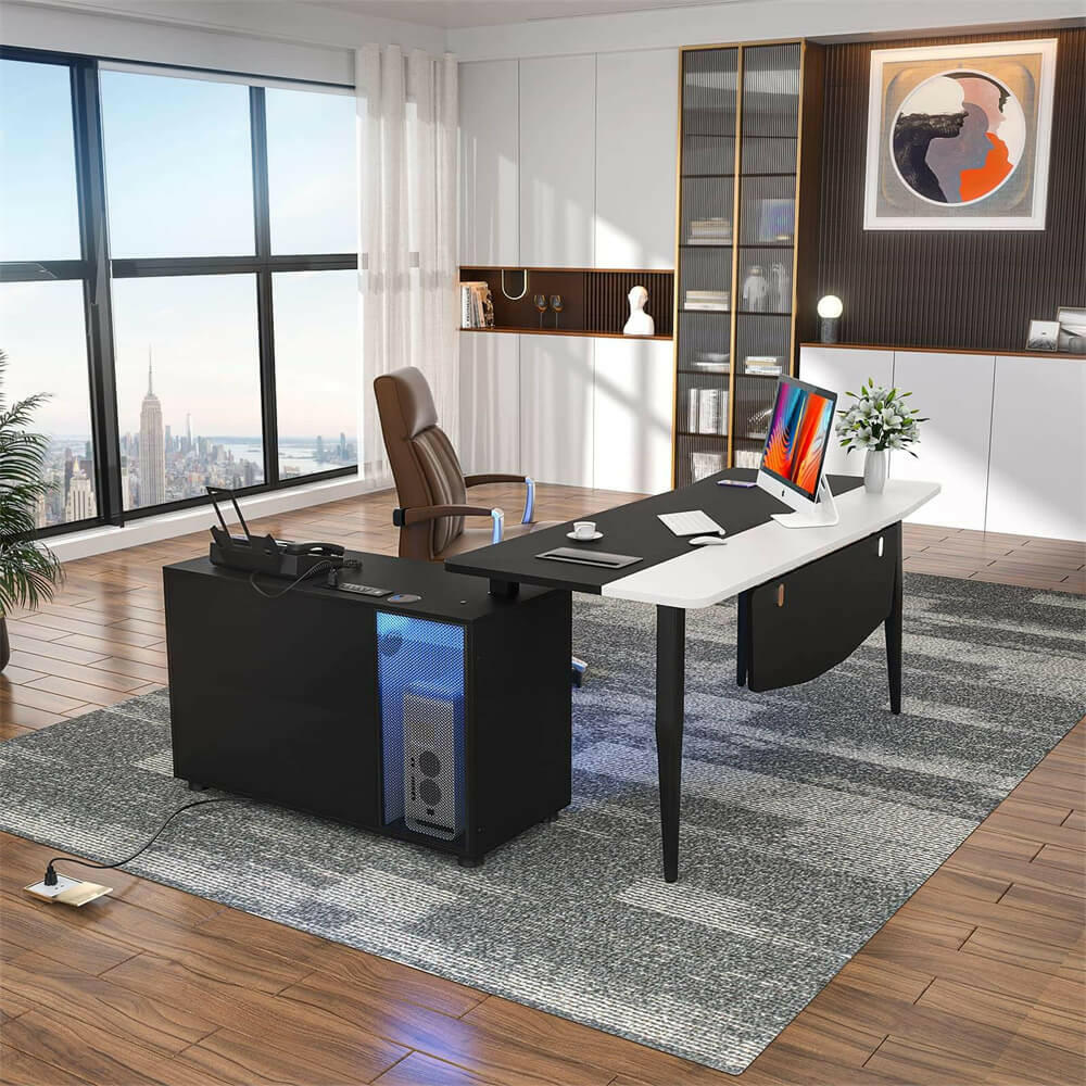 Unikito 55inch Computer Desk with Cabinet, Large L Desk with LED and C