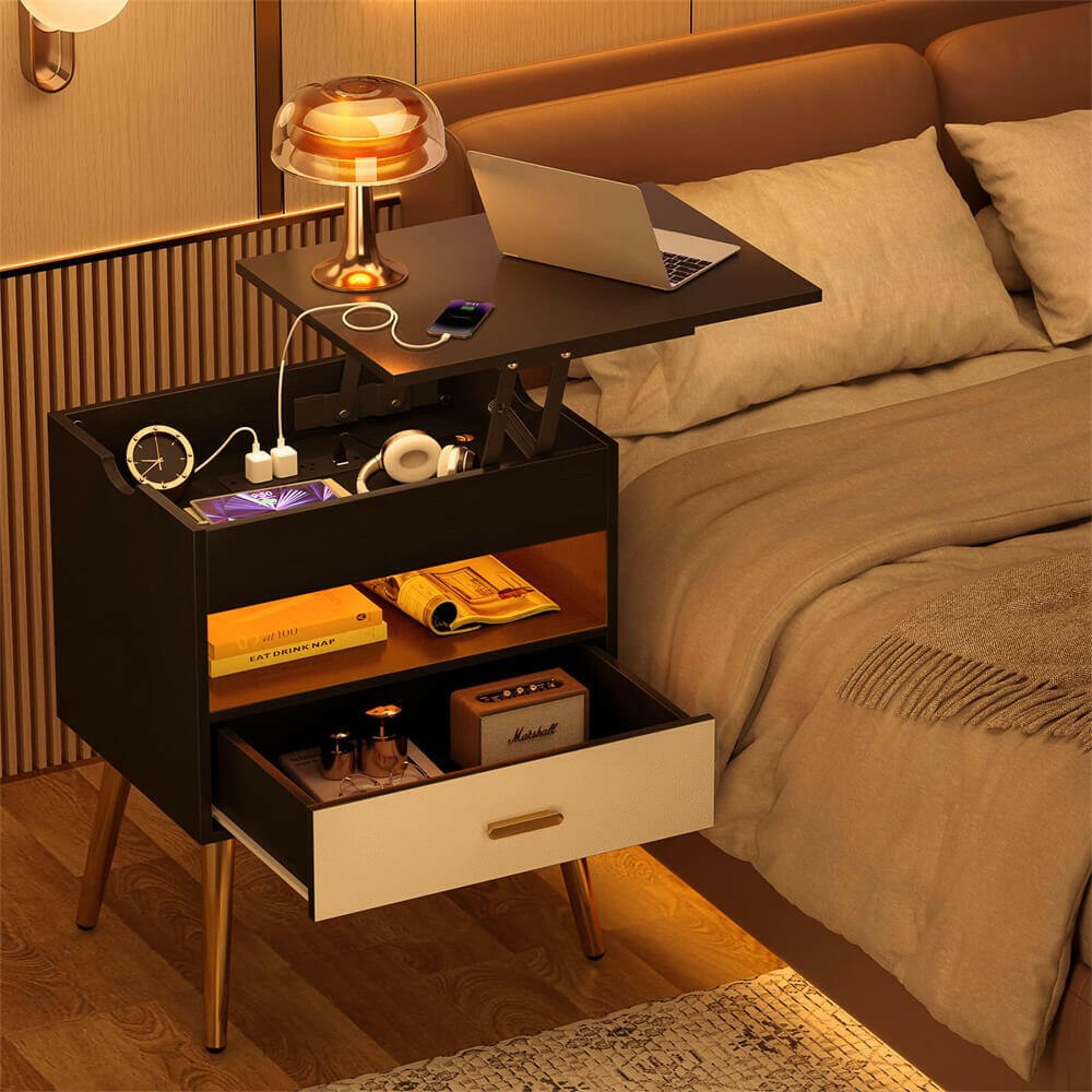Unikito 35 Nightstands Set of 2 with Reversible Lift Top Large Night Stand with LED Lights Tall Bedside Table with Charging Station High End Side