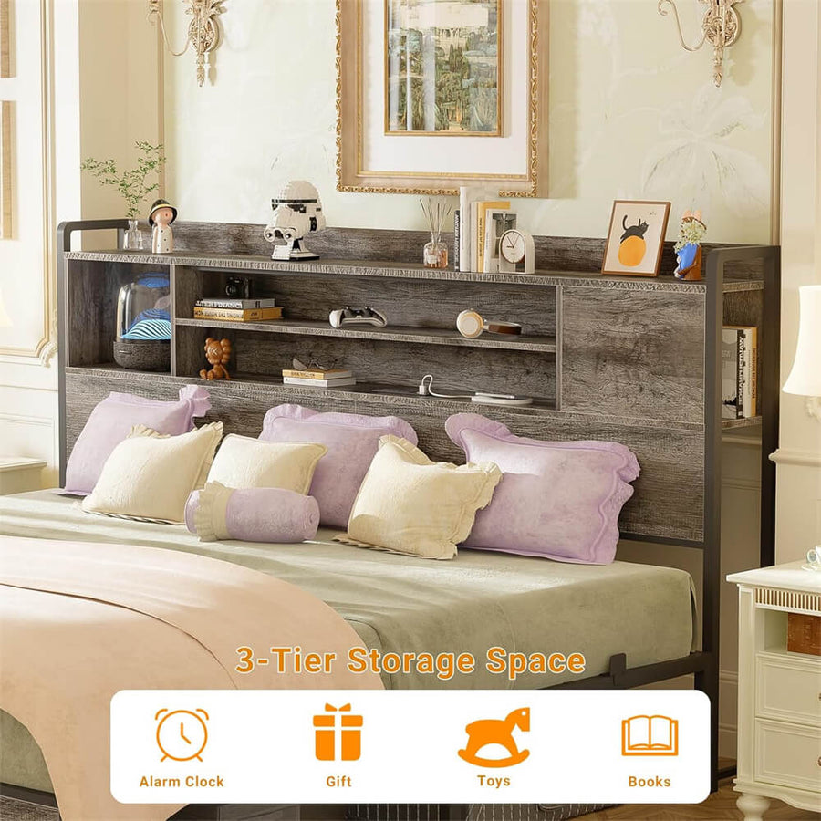 Unikito Metal Bed Frame with Storage Headboard, Comes with Power ...