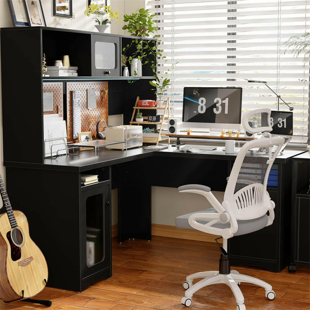 Unikito L Shaped Desk with Drawers, 60 Inch Office Desk with Power Out