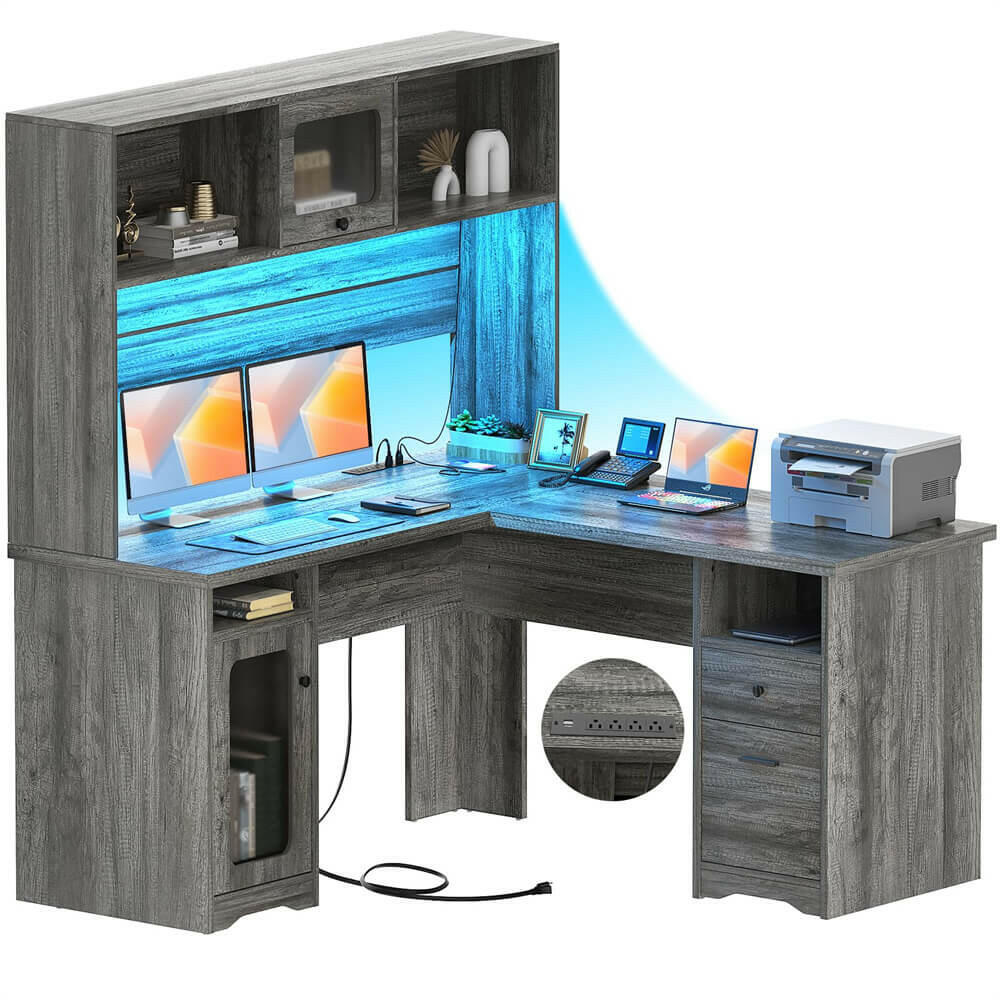 Unikito L Shaped Desk with Drawers, 60 Inch Office Desk with Power Out