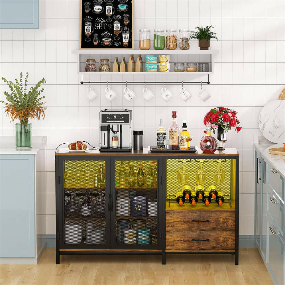 Unikito Wine Bar Cabinet with Charging Station and LED Lights Liquor Cabinet Bar with Wine Rack Industrial Sideboard Buffet with Drawers Farmhouse