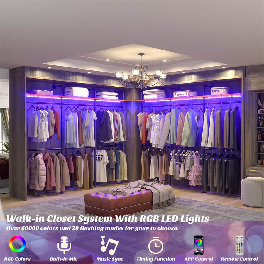 Unikito Industrial Pipe Clothing Rack, Reversible Clothes Rack with LED ...