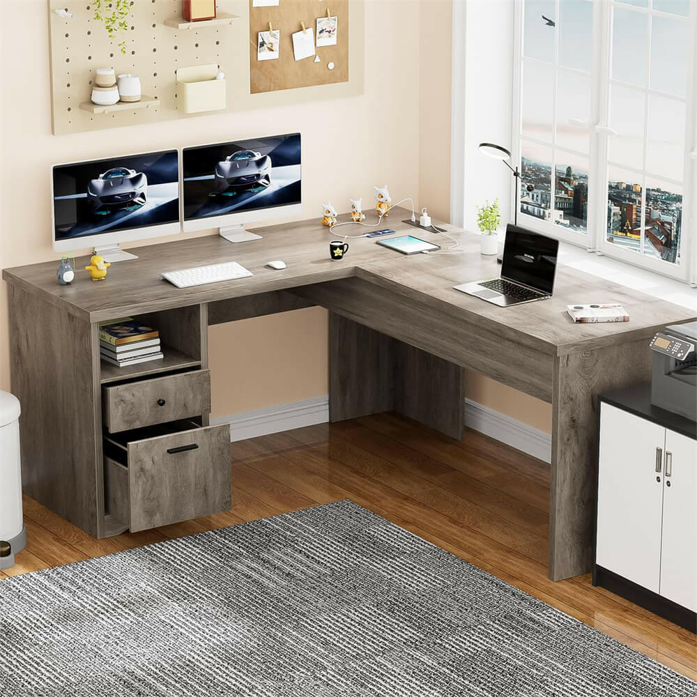 Unikito Lift Top L Shaped Desk with Drawer Large Office Desk with Power Outlets and USB Charging Ports Sturdy Corner Computer Desk Writing Table