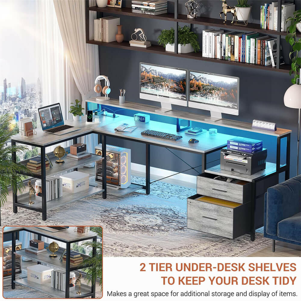 Unikito L Shaped Desk with File Drawer 66 Reversible L Shaped Computer Desk with Power Outlet LED Strip Gaming Desk with Long Monitor Stand