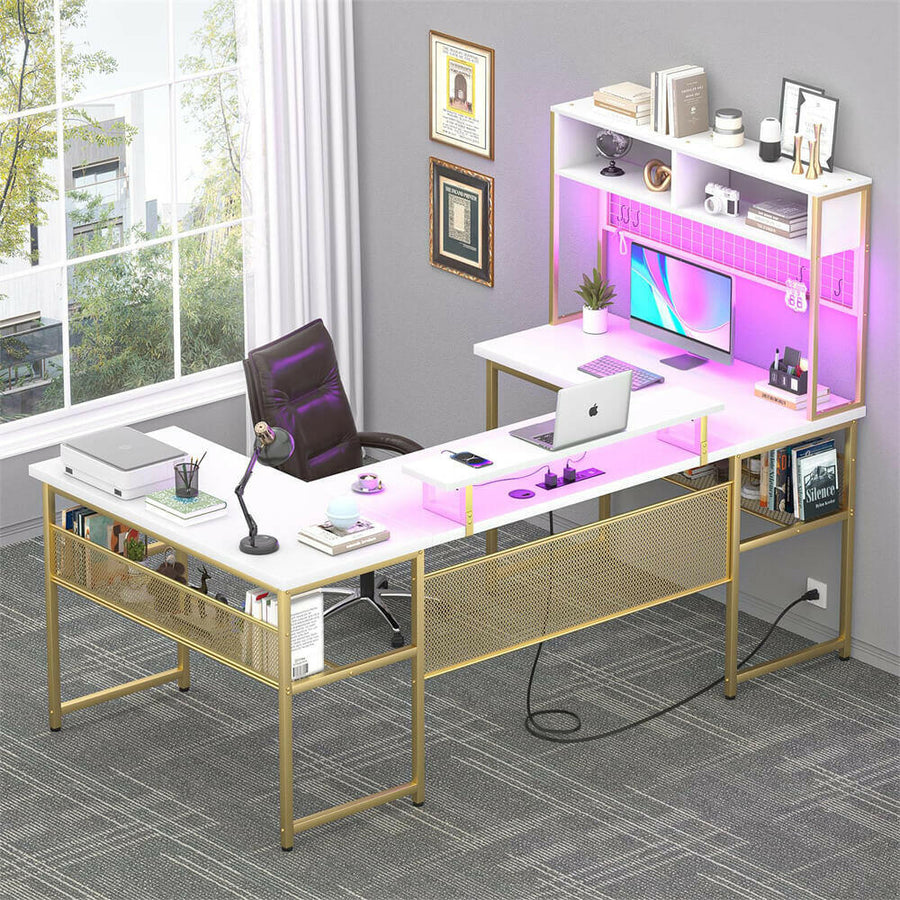 U Shaped Desk with Hutch, Shelf, Drawer, Power Outlets for Your Needs ...