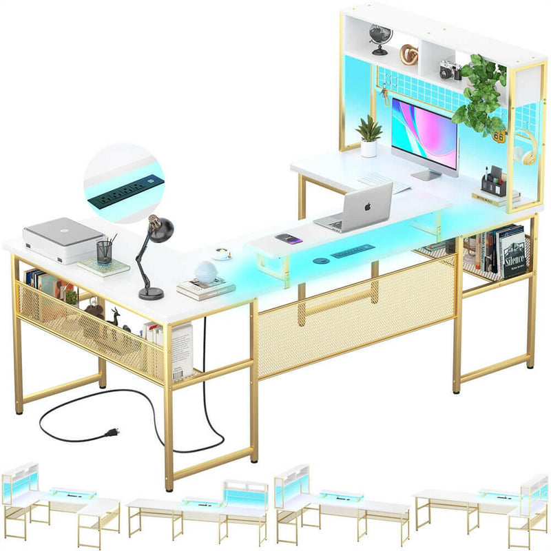 U Shaped Desk with Hutch, Shelf, Drawer, Power Outlets for Your Needs ...