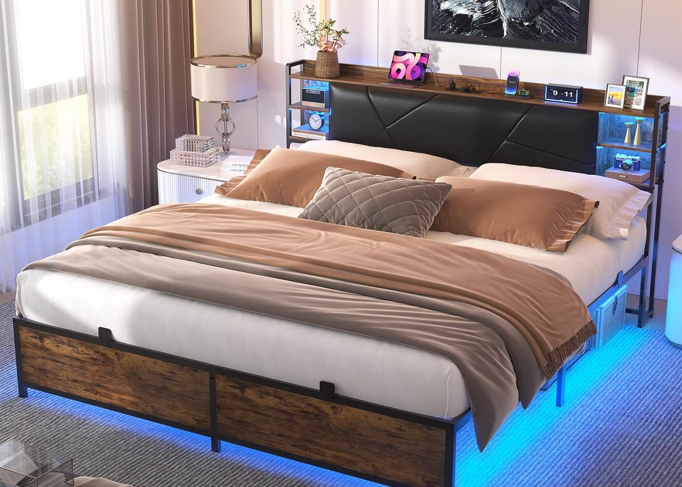 Bed Frame with Upholstered Storage Headboard Matel Platform Bed with Charging Station and RGB LED Lights Easy Assembly Rustic Brown King